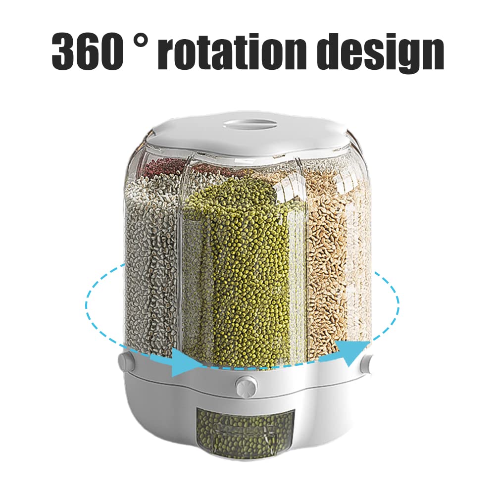 ZSQSM Rotating Rice Dispenser, Rice Dispenser 6 Grid, Rotatable Sealed Grain Food Storage Box, One-Click Rice Output, Rice and Grain Storage Container for Home Kitchen