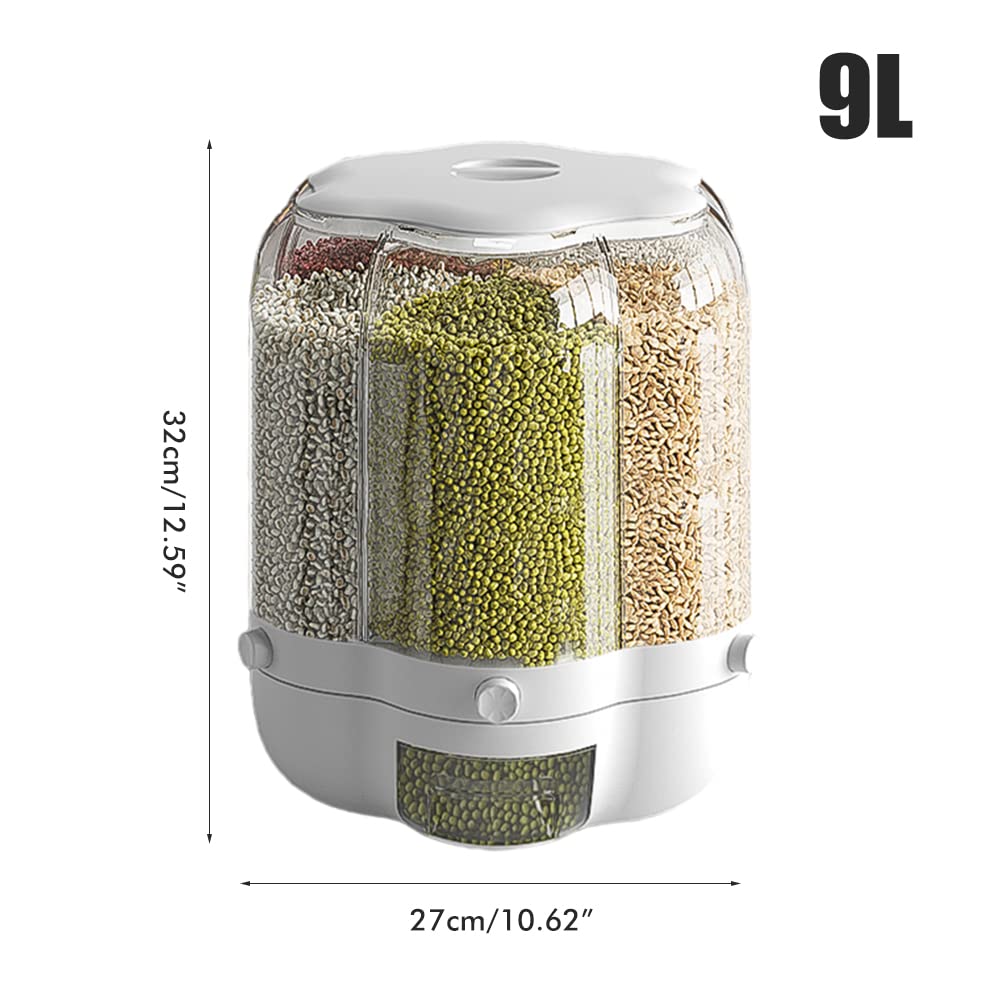 ZSQSM Rotating Rice Dispenser, Rice Dispenser 6 Grid, Rotatable Sealed Grain Food Storage Box, One-Click Rice Output, Rice and Grain Storage Container for Home Kitchen