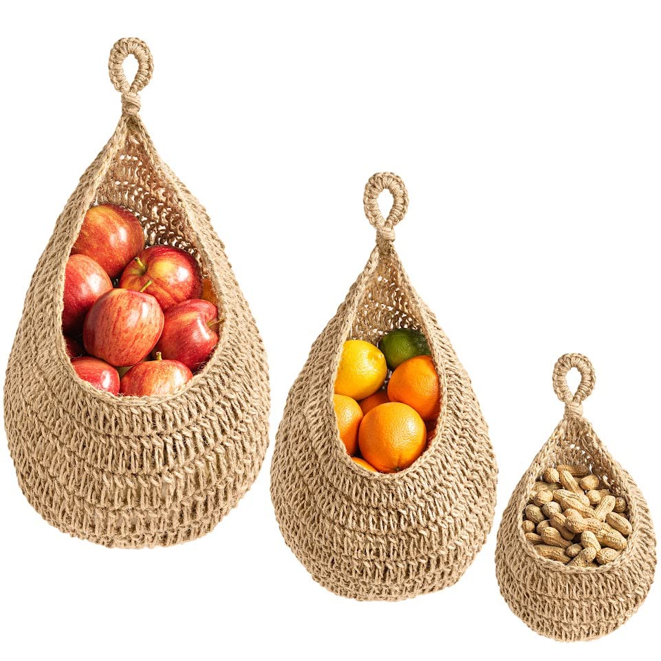 Crandek Boho Jute Hanging Basket - Wicker Hanging Fruit Basket for Fresh Produce Storage, Vegetable Keeper for Potato, Onion Garlic, Plant Holder - Handmade Kitchen Pantry Organizer (3 Size Pack)