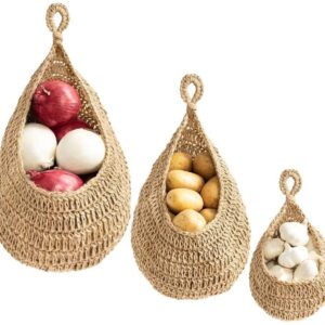 Crandek Boho Jute Hanging Basket - Wicker Hanging Fruit Basket for Fresh Produce Storage, Vegetable Keeper for Potato, Onion Garlic, Plant Holder - Handmade Kitchen Pantry Organizer (3 Size Pack)