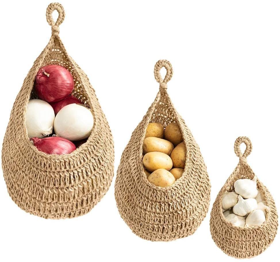 Crandek Boho Jute Hanging Basket - Wicker Hanging Fruit Basket for Fresh Produce Storage, Vegetable Keeper for Potato, Onion Garlic, Plant Holder - Handmade Kitchen Pantry Organizer (3 Size Pack)