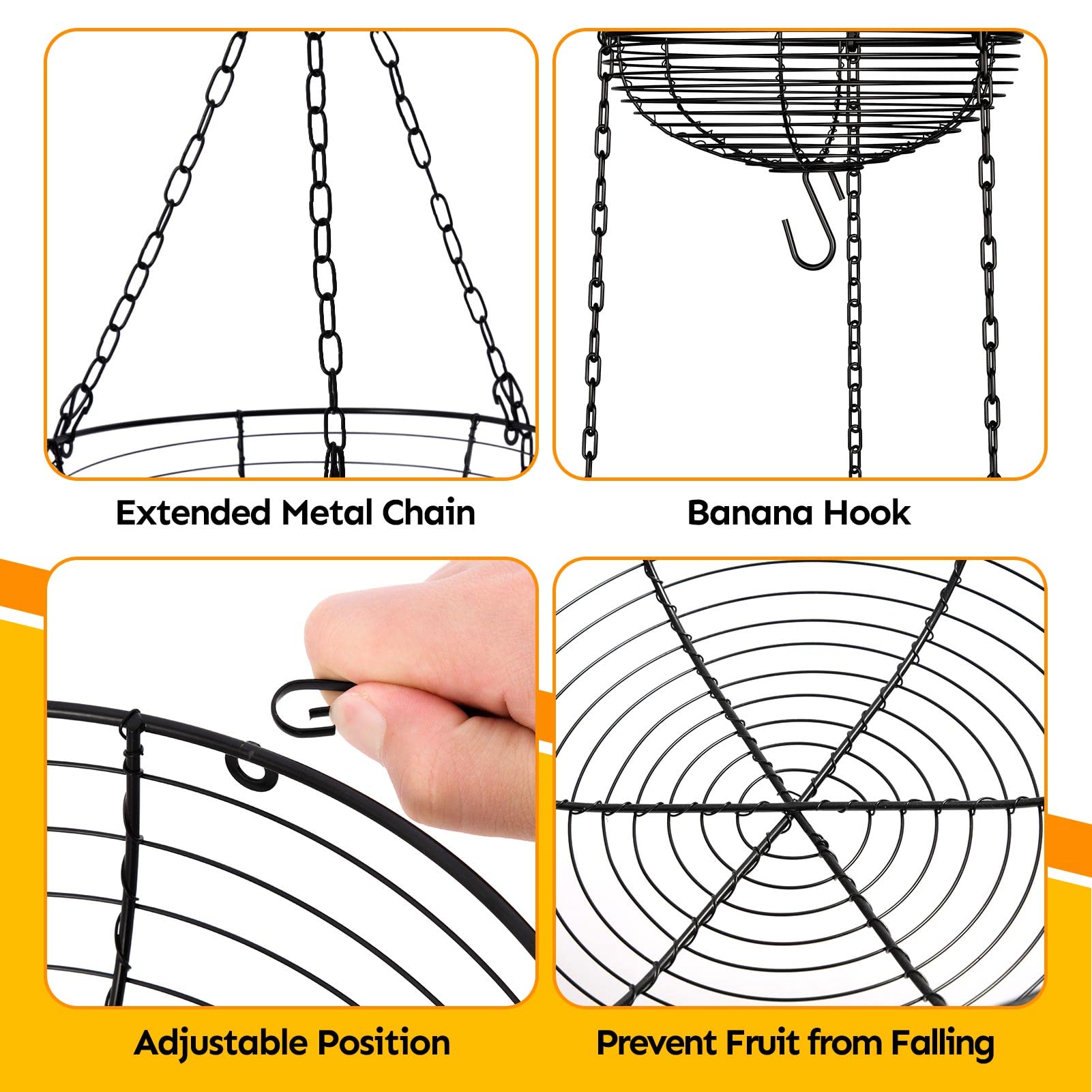 HULISEN 3 Tier Hanging Fruit Basket with Banana Hook, Heavy Duty Wire Hanging Baskets for Kitchen Storage, 35.4 Inch Hanging Vegetable Produce Basket Organizer (Including Installation Bracket)