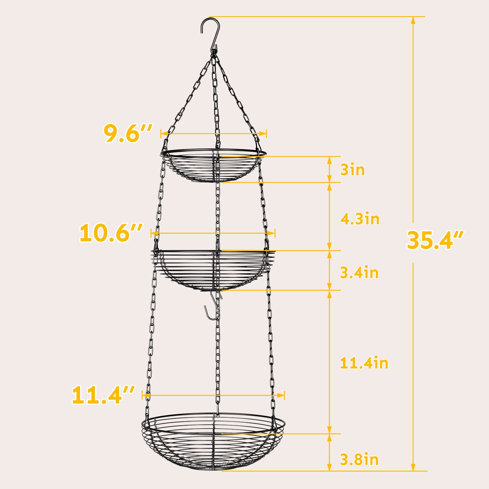 HULISEN 3 Tier Hanging Fruit Basket with Banana Hook, Heavy Duty Wire Hanging Baskets for Kitchen Storage, 35.4 Inch Hanging Vegetable Produce Basket Organizer (Including Installation Bracket)