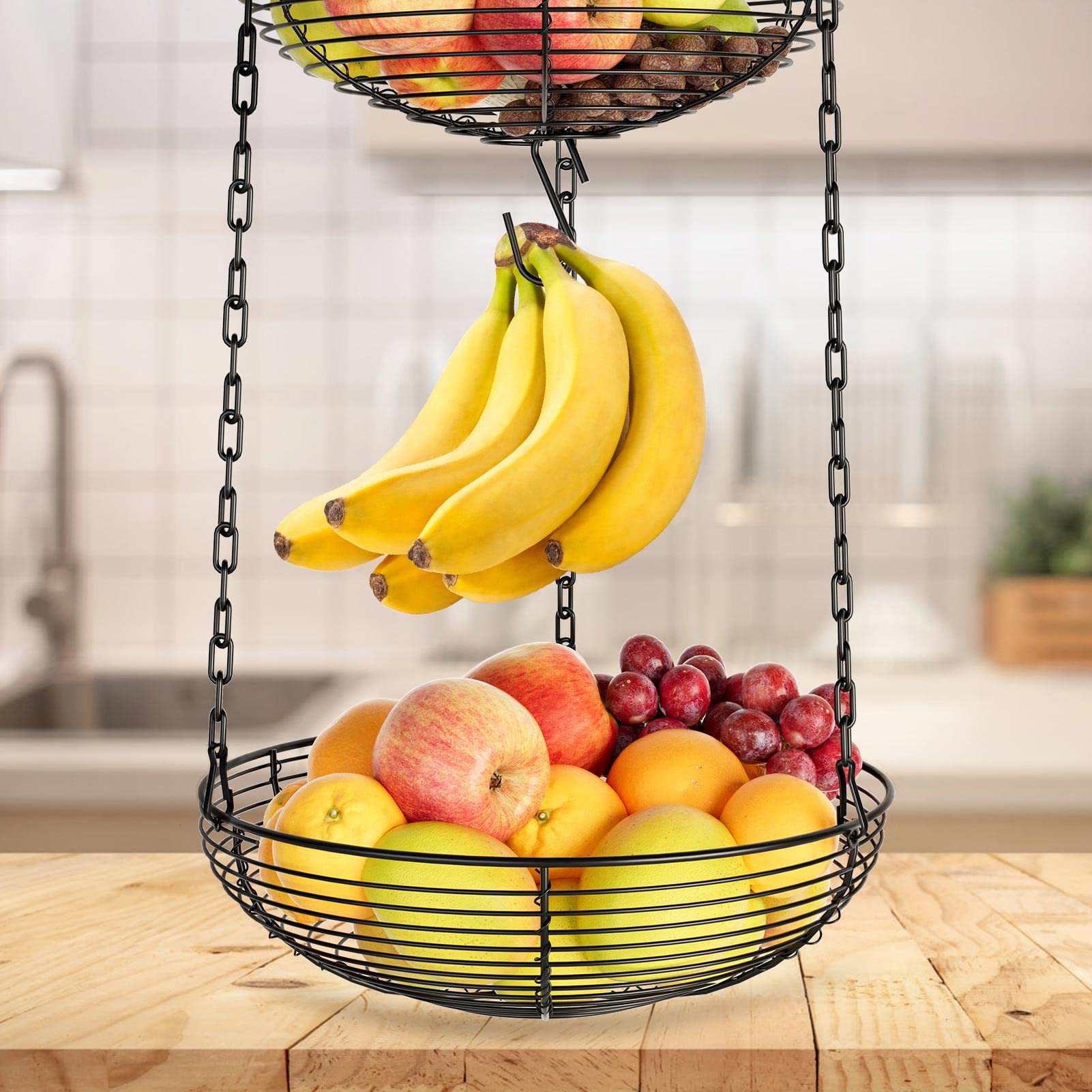 HULISEN 3 Tier Hanging Fruit Basket with Banana Hook, Heavy Duty Wire Hanging Baskets for Kitchen Storage, 35.4 Inch Hanging Vegetable Produce Basket Organizer (Including Installation Bracket)