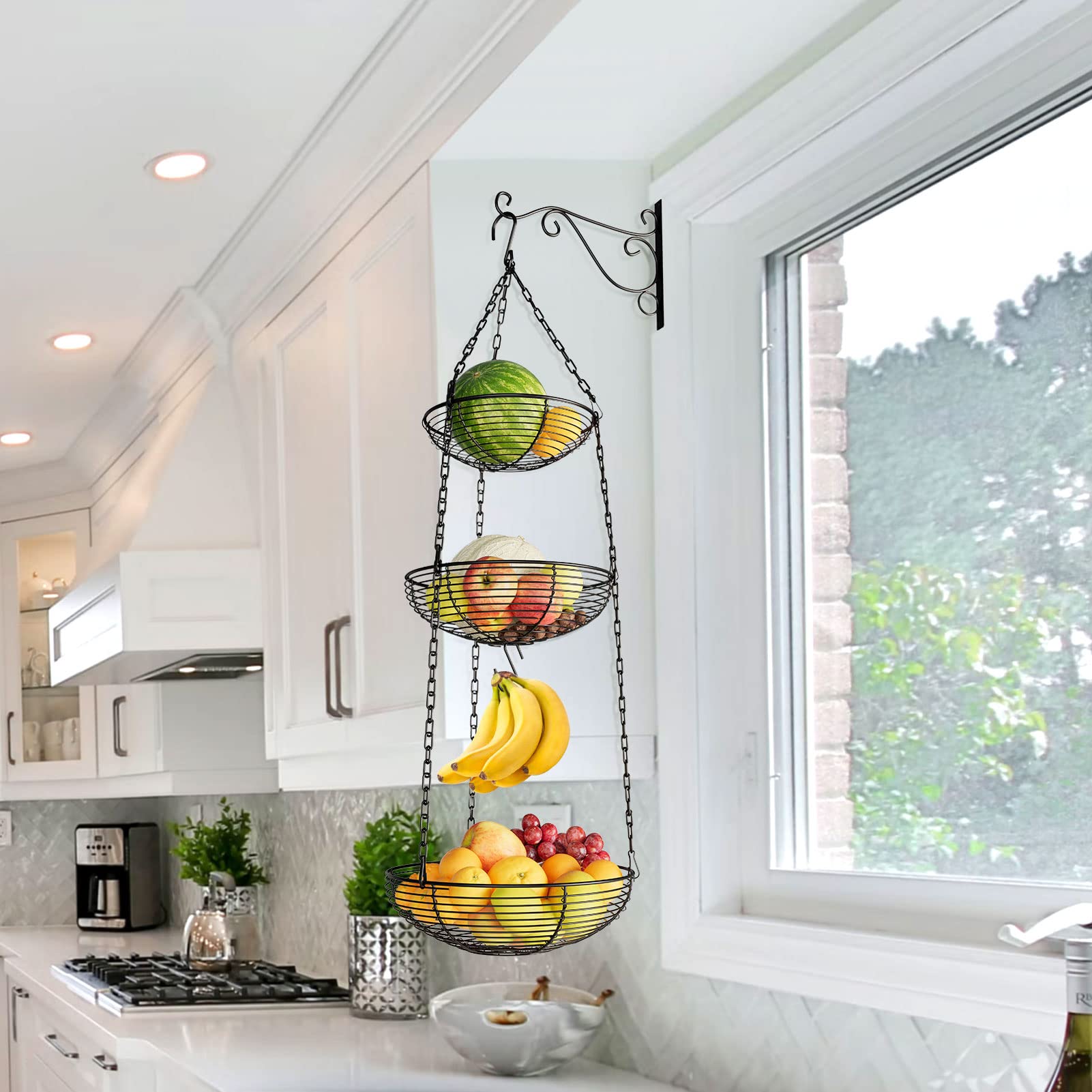 HULISEN 3 Tier Hanging Fruit Basket with Banana Hook, Heavy Duty Wire Hanging Baskets for Kitchen Storage, 35.4 Inch Hanging Vegetable Produce Basket Organizer (Including Installation Bracket)