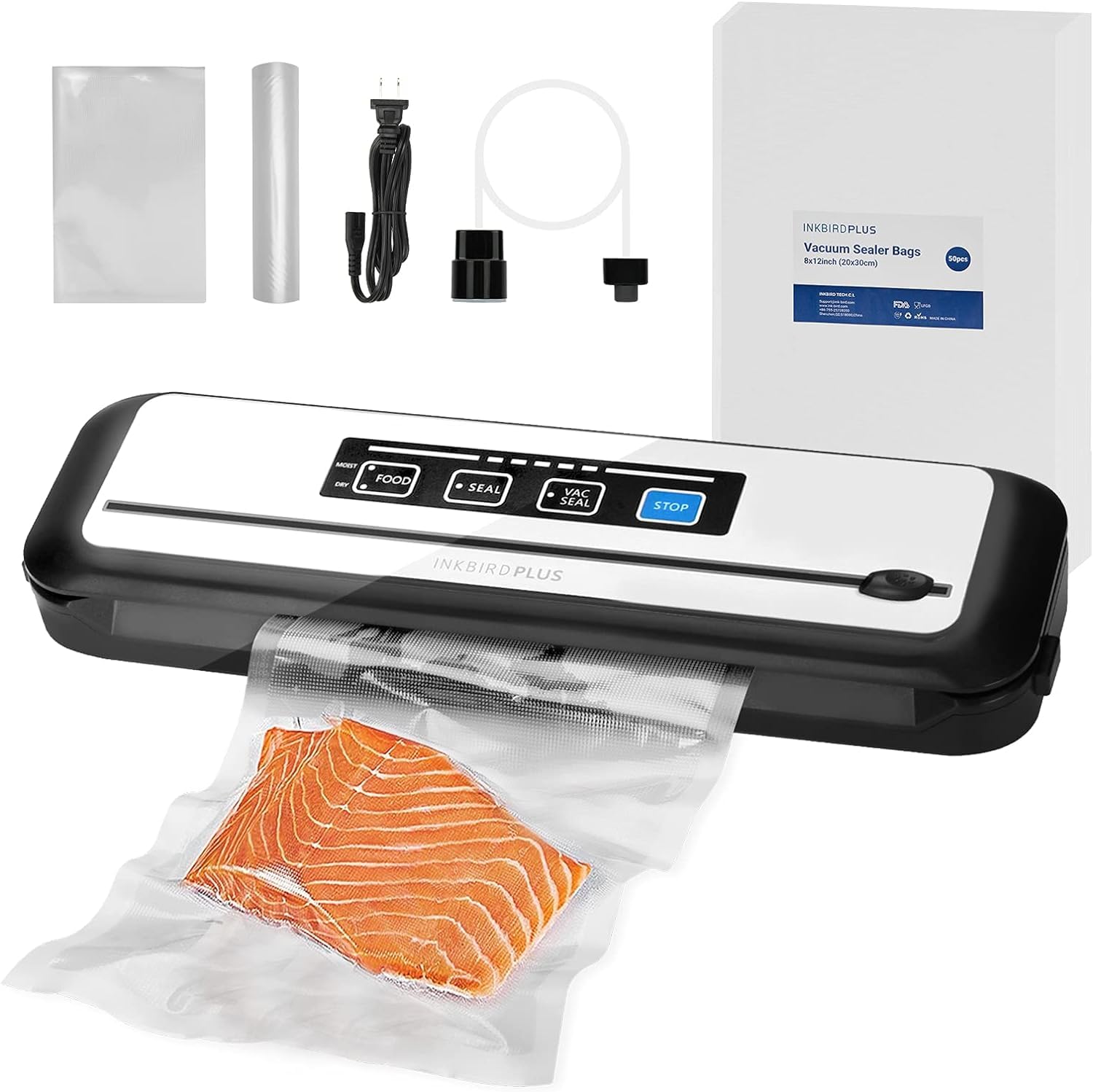 Inkbird Vacuum Sealer Machine Start Kit Including 55 Count 8"x12" Bags & 8"*79' Vacuum Sealer Roll,with Built-in Cutter, Dry & Moist Sealing Modes for Food Storage,Easy Cleaning