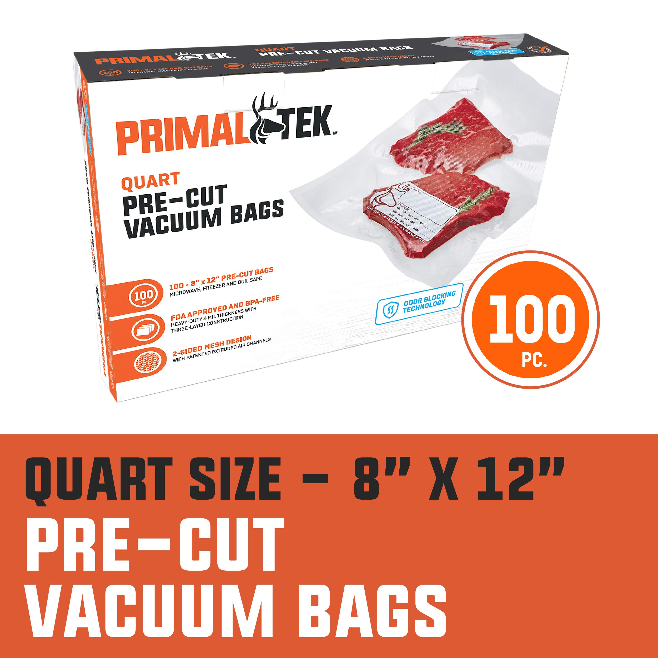 PrimalTek 8” x 12” Pre-Cut Vacuum Bags – 100 Quart Bags for Food Preservation – BPA-Free Vacuum Sealer Bags, Microwave, Freezer and Boil Safe, Compatible with any Vacuum Sealer Machine