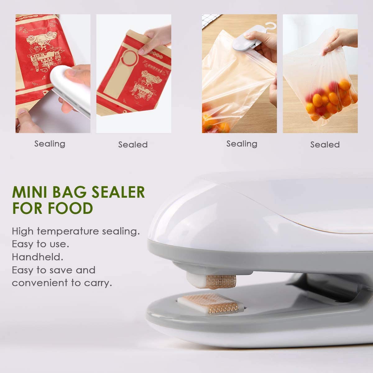 Mini Bag Sealer, Food Bag Heat Sealer Handheld, 2 in 1 Heat Sealer & Cutter Portable Bag Resealer Machine Food Saver for Plastic Bags Storage Snack Cookies Fresh