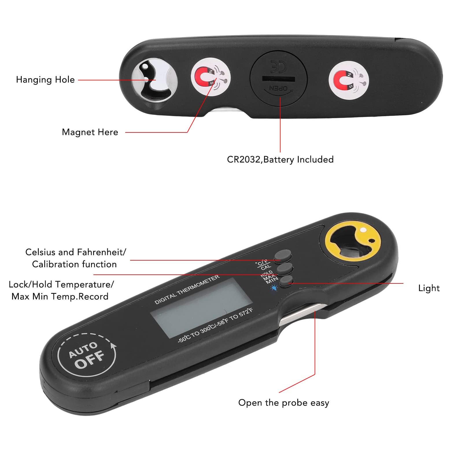 Food Thermometer, Quick Temperature Measurement, Calibration Function, Foldable Probe, Meat Thermometer Probe, Reading, IP67 Waterproof for Kitchen (Black)