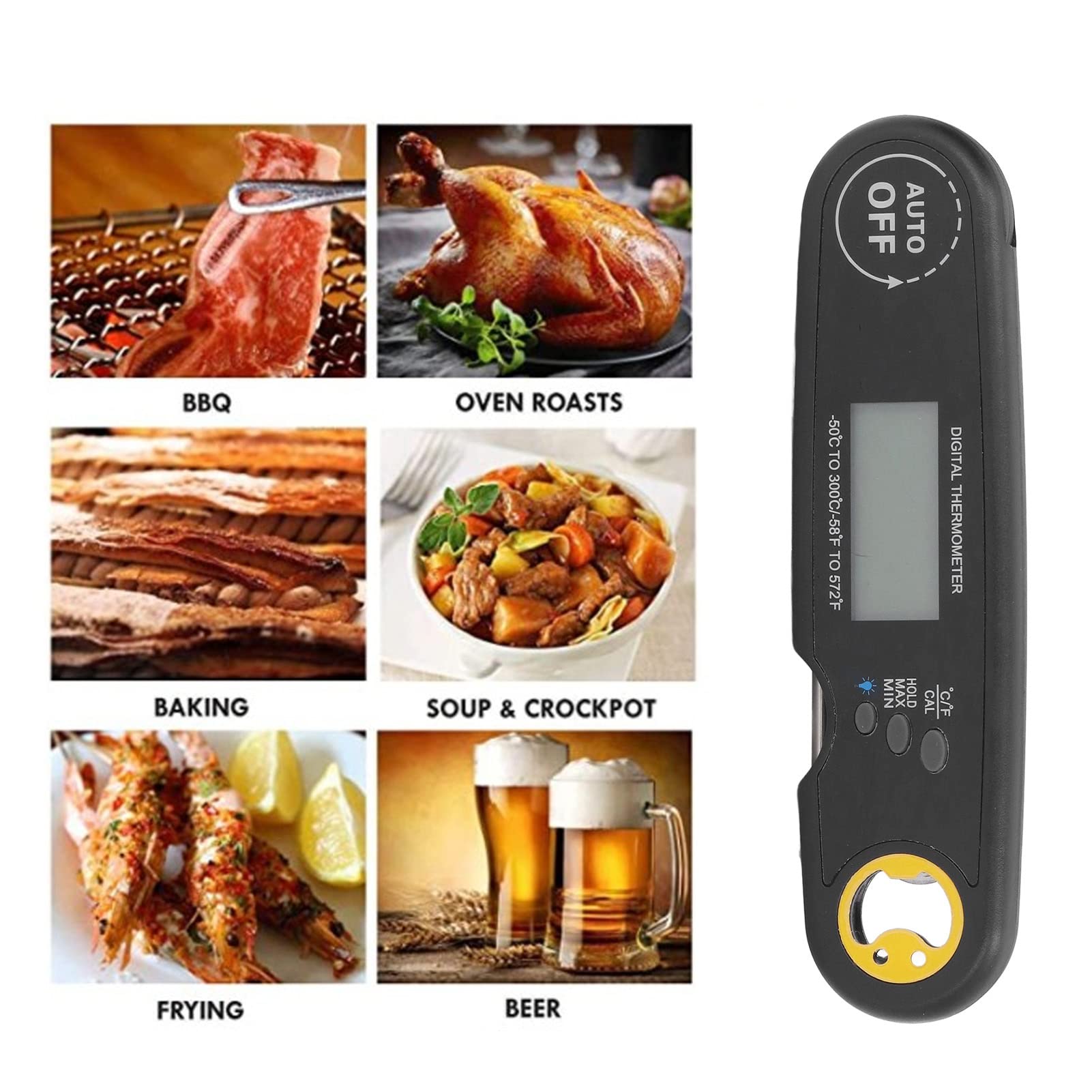 Food Thermometer, Quick Temperature Measurement, Calibration Function, Foldable Probe, Meat Thermometer Probe, Reading, IP67 Waterproof for Kitchen (Black)