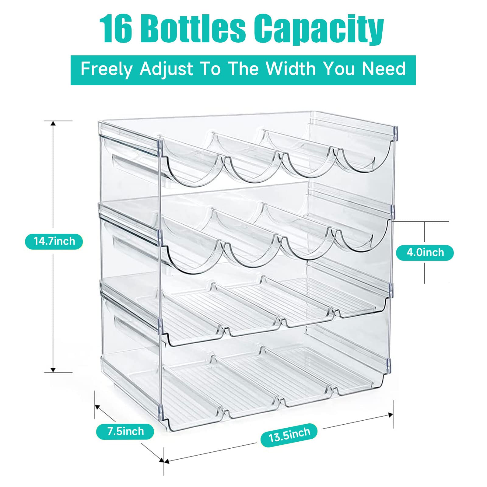 JUJOJB Water Bottle Organizer,16 Bottles Stackable Plastic Clear Water Bottle Cup Holder, Wine Racks for Kitchen Pantry Organization and Storage,Drink/Bottle Storage Stand for Cabinet, Refrigerator