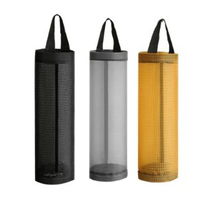 plastic bag holder, mesh grocery bag holder hanging storage bag dispenser foldable breathable washable organizer for home kitchen (black gray yellow 3 packs)