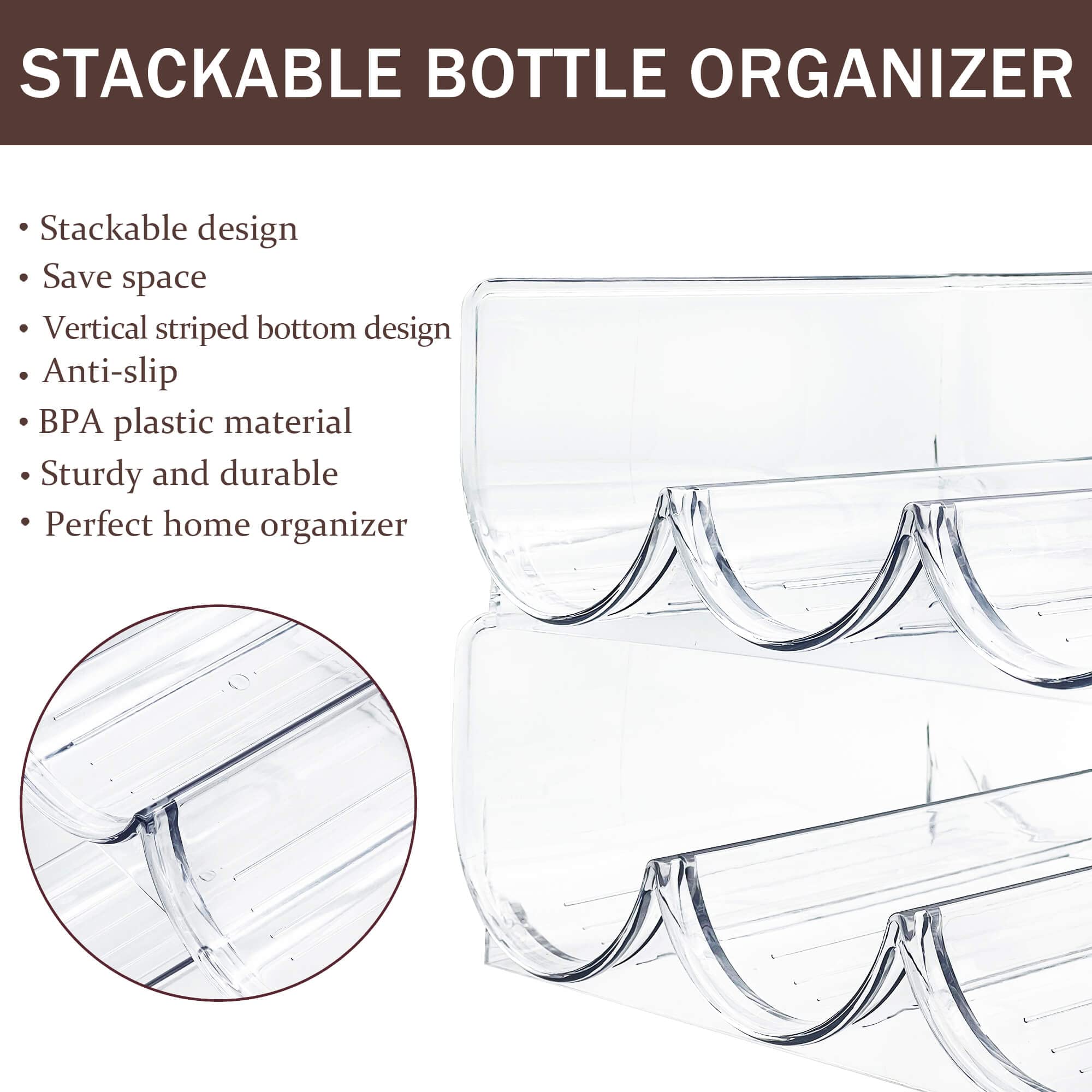 HOMECOR Water Bottle Organizer, Stackable Kitchen Home Pantry Organization and Storage Shelf, Plastic Holder Rack for Cabinet Fridge Flask Tumbler Travel Mug Cup 12-bottle