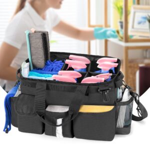 LoDrid Large Wearable Cleaning Caddy Bag with Detachable Divider, Cleaning Organizer with Handles, Cleaning Supply Tote with Adjustable Shoulder Strap for Cleaners & Housekeepers, Black