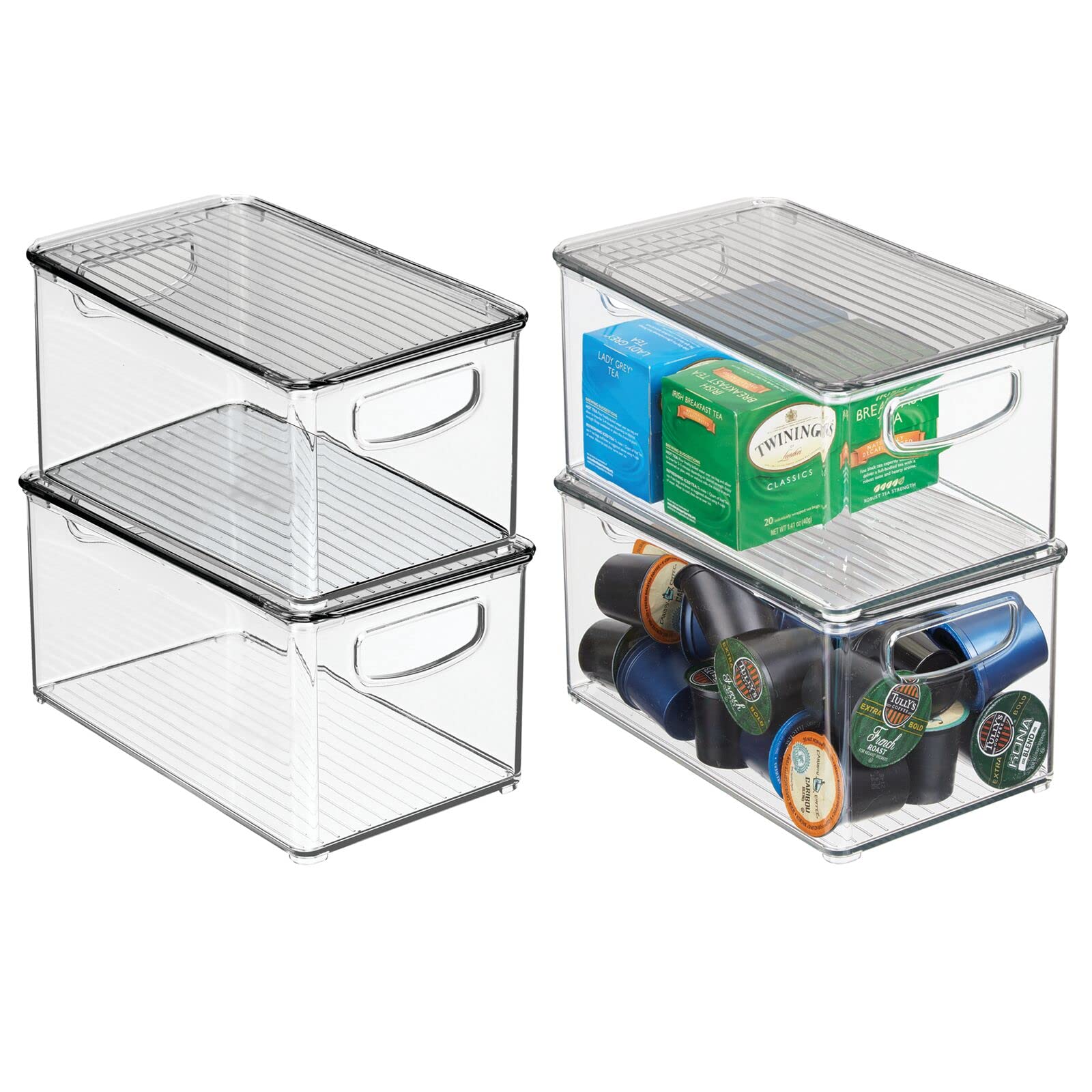 mDesign Plastic Deep Storage Bin Box Container with Lid and Built-In Handles - Organization for Fruit, Snacks, or Food in Kitchen Pantry, Cabinet, Cupboard, Ligne Collection, 4 Pack, Clear/Smoke Gray