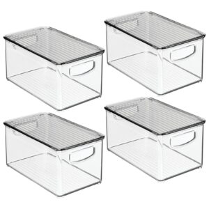 mDesign Plastic Deep Storage Bin Box Container with Lid and Built-In Handles - Organization for Fruit, Snacks, or Food in Kitchen Pantry, Cabinet, Cupboard, Ligne Collection, 4 Pack, Clear/Smoke Gray