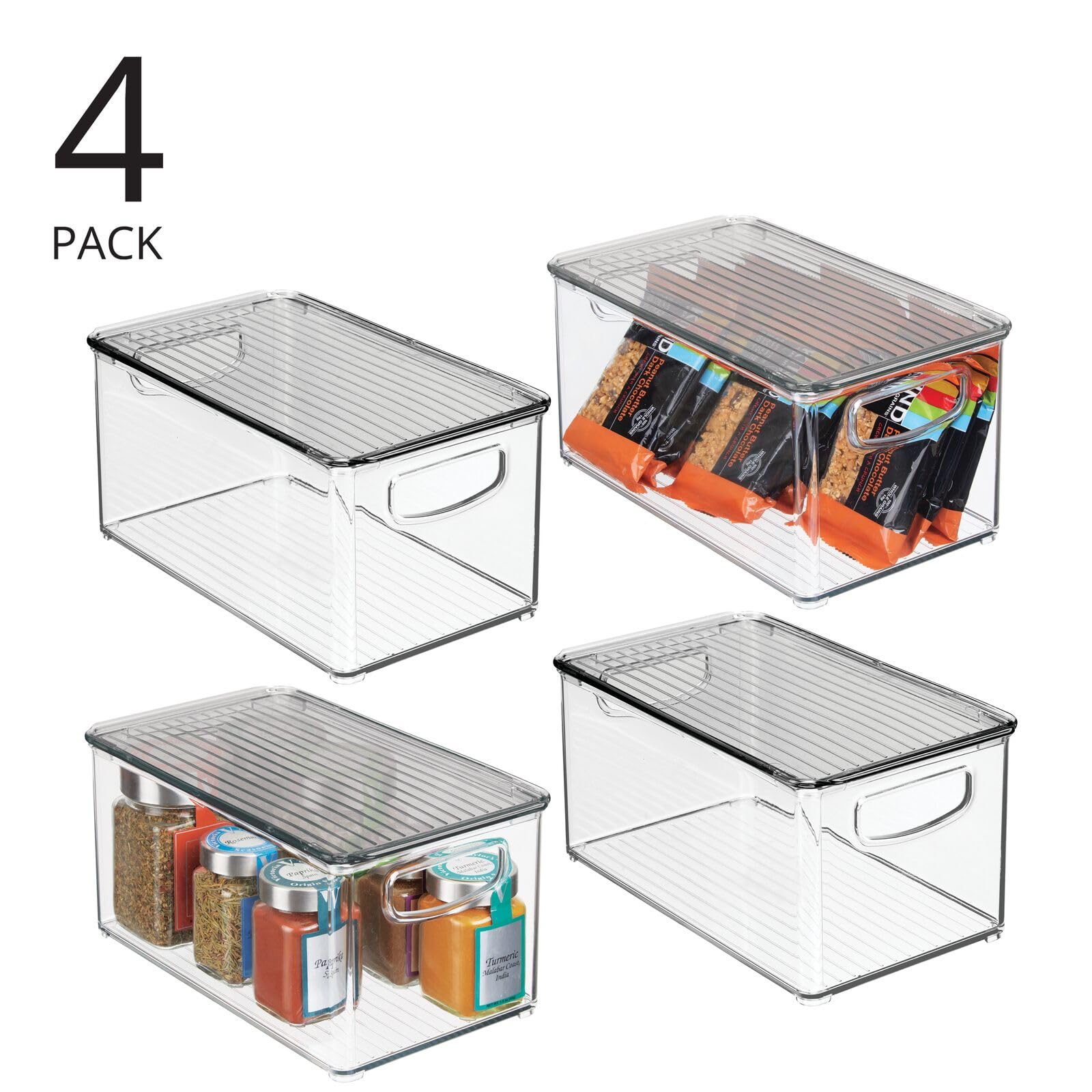 mDesign Plastic Deep Storage Bin Box Container with Lid and Built-In Handles - Organization for Fruit, Snacks, or Food in Kitchen Pantry, Cabinet, Cupboard, Ligne Collection, 4 Pack, Clear/Smoke Gray