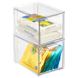 mdesign plastic pantry organization and storage bin w/pull out drawer - slim stackable kitchen supplies storage container for organizing cabinet, fridge, freezer - lumiere collection - 2 pack - clear