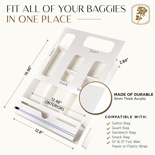 Acrylic bag organizer w/ 4 Non-Slip Pads - Glossy Acrylic Storage Bag Organizer - Thick Bag Holder compatible w/ Gallon, Sandwich, Snack & Quart Bags - Acrylic Baggie Organizer for Kitchen Drawer