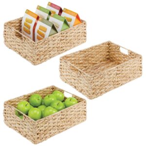 mdesign hyacinth braided woven kitchen basket bin with built-in handles for organizing kitchen pantry, cabinet, cupboard, countertop, shelves - holds food, drinks, snacks - 3 pack - natural/tan