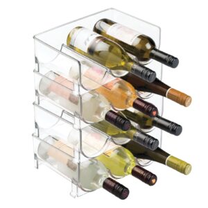 mdesign stackable plastic 3 bottle refrigerator wine rack - kitchen storage organizer for champagne, wine or water bottles - stacking wine organizer for fridge - ligne collection - 4 pack - clear