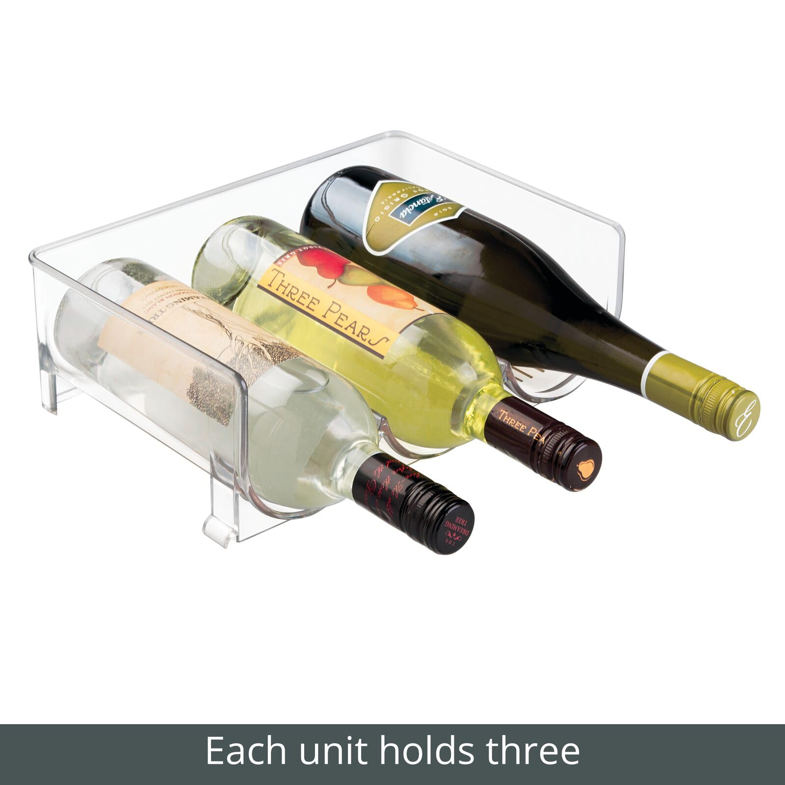 mDesign Stackable Plastic 3 Bottle Refrigerator Wine Rack - Kitchen Storage Organizer for Champagne, Wine or Water Bottles - Stacking Wine Organizer for Fridge - Ligne Collection - 4 Pack - Clear