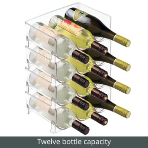 mDesign Stackable Plastic 3 Bottle Refrigerator Wine Rack - Kitchen Storage Organizer for Champagne, Wine or Water Bottles - Stacking Wine Organizer for Fridge - Ligne Collection - 4 Pack - Clear