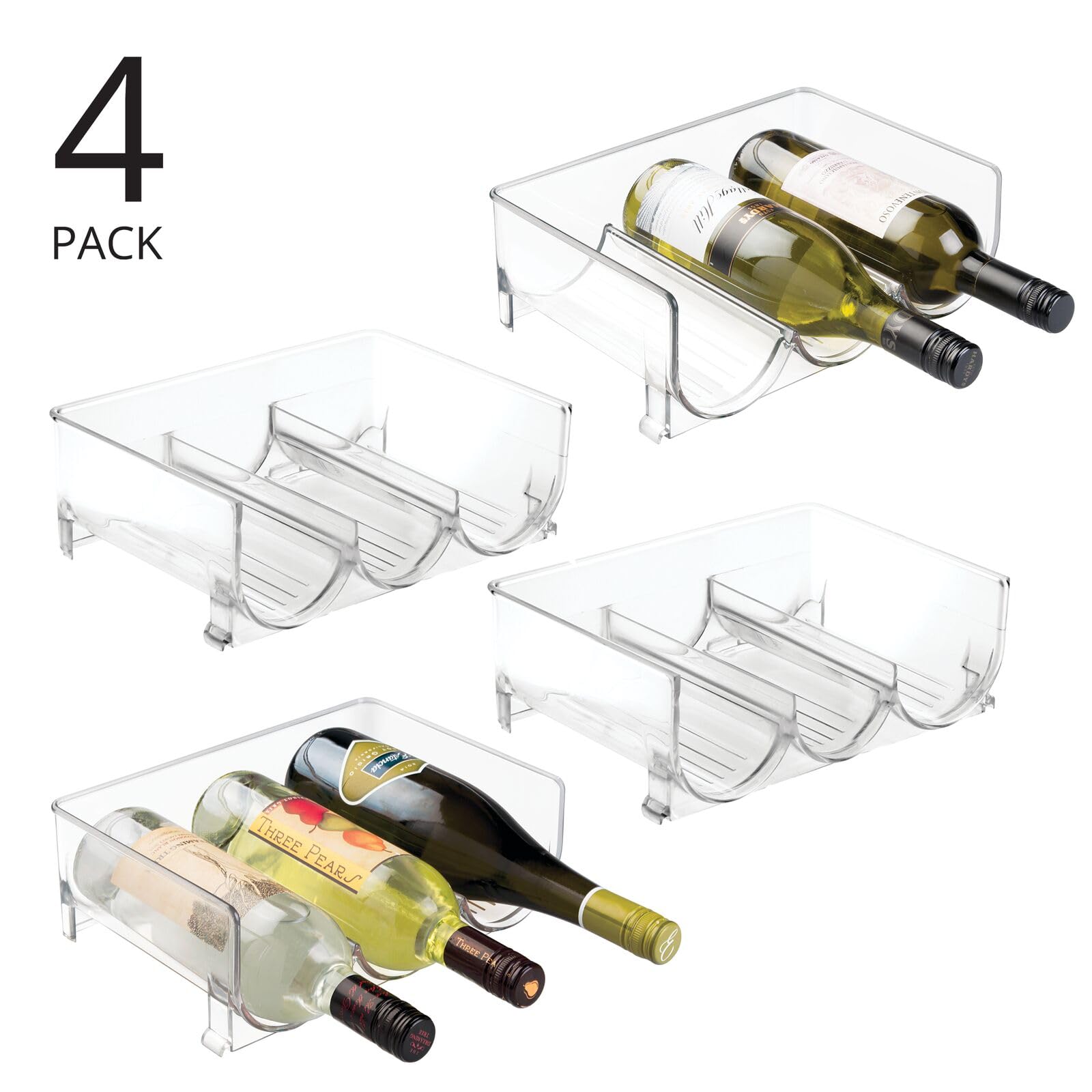 mDesign Stackable Plastic 3 Bottle Refrigerator Wine Rack - Kitchen Storage Organizer for Champagne, Wine or Water Bottles - Stacking Wine Organizer for Fridge - Ligne Collection - 4 Pack - Clear