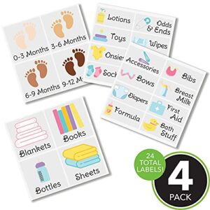 mDesign Home Organization Labels, Preprinted Label Stickers for Nursery/Playroom Storage and Cleaning, Household Organizing for Jars, Canisters, Containers, Bins, or Boxes, 24 Count, Clear/Black/Image