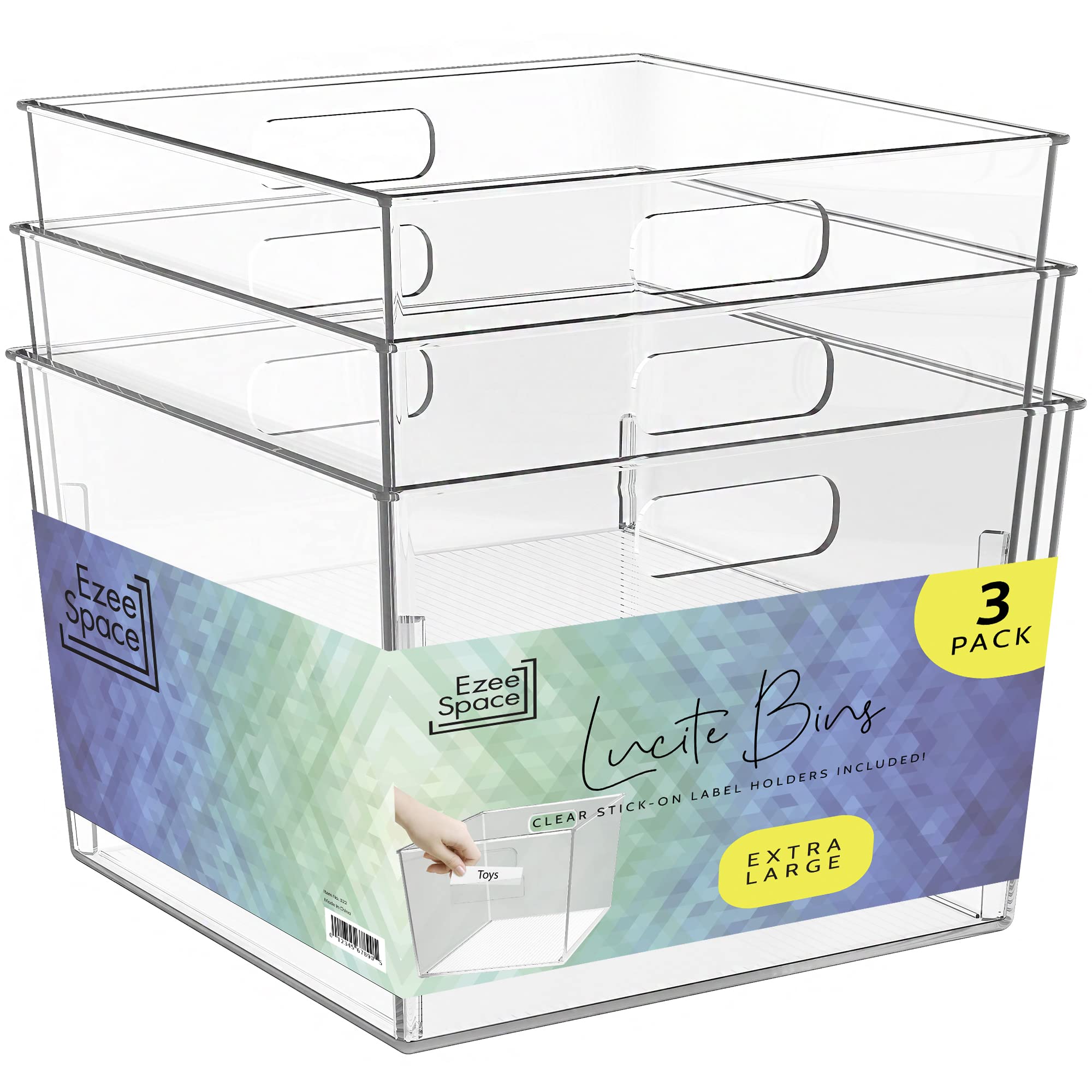 Ezee space Clear Plastic Storage Bins - 3-Pack XL: Acrylic Storage Containers for Kitchen, Home, Office, and Bathroom - 12X12 X7 In. Freezer and Pantry bins for organizing