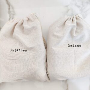 Montecito Home - 100% Linen Onion and Potato Linen Bags, Potato Sacks, Potato Keeper, Washable Storage Bags, Storage For Pantry- Combo Set - Two 15"x12" Farmhouse Artisan Linen Bags - White