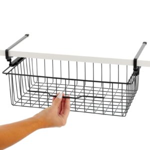 mdesign large metal wire hanging pullout drawer basket - sliding under shelf storage organizer - attaches to shelving - easy install - black