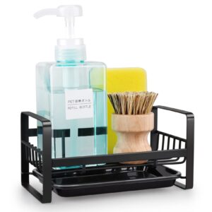 honzuen sponge holder for kitchen sink caddy organizer stainless steel with drain pan, adhesive metal dishwash sponge holder basket countertop stand rustproof durable for srubber brush (matte black)