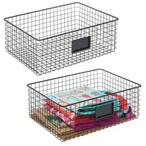 mdesign wide steel wired storage organizer bin baskets with label slot for kitchen pantry, cabinet, organizing holder for food, drinks, snacks, produce, omaha collection, 2 pack, matte black