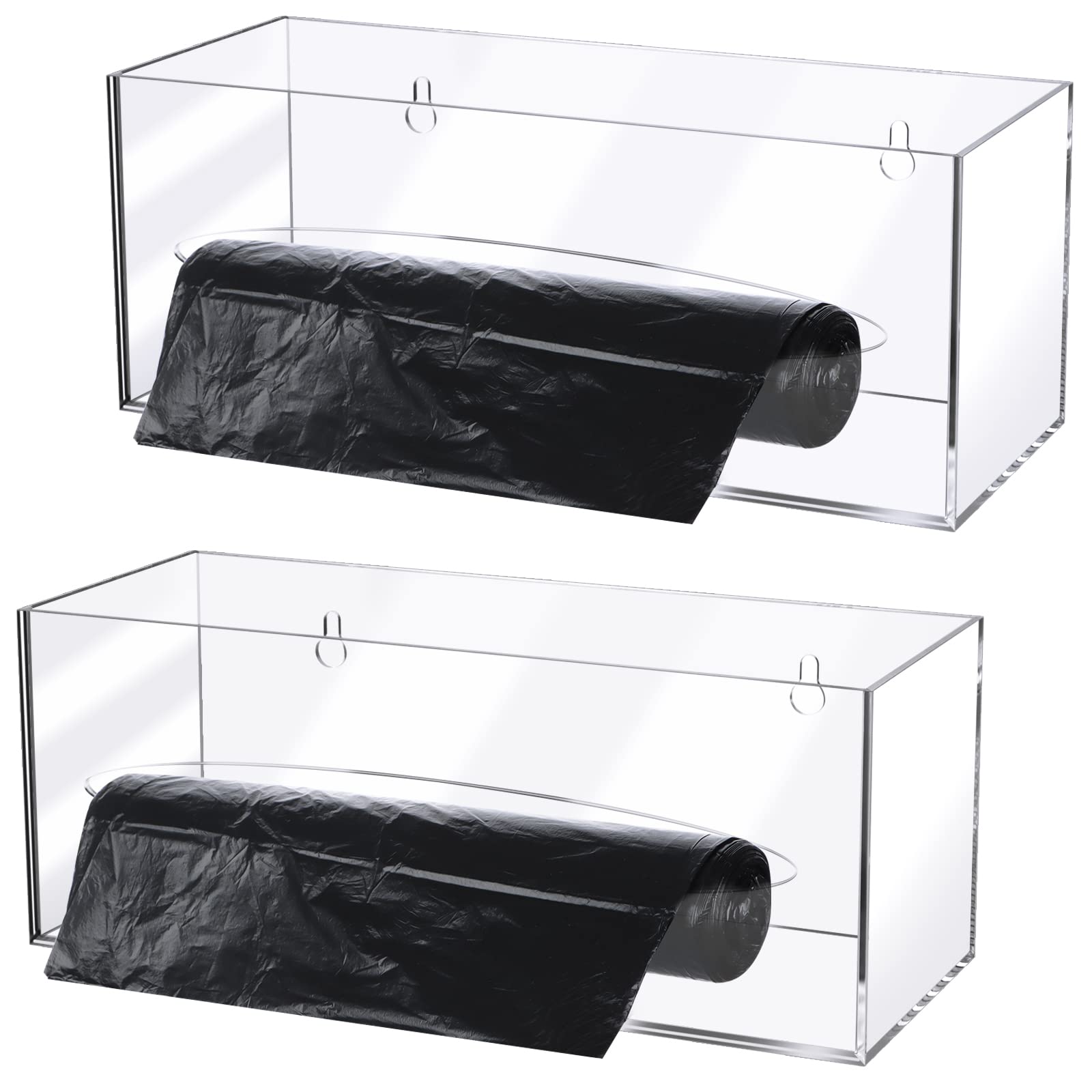 2 Pack Trash Bag Dispenser 10x4x4 Inch Acrylic Garbage Bag Dispenser One Roll of Bags Clear Trash Bag Dispenser, Vertical or Horizontal Wall Mounting Garbage Bag Holder for Kitchen Restaurant Office