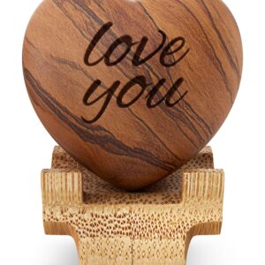 Carved Wooden Heart Shape Gifts - Love You - Engraved Olive Wood with Bamboo Stand - 5 Year Wooden for Her or Him - Christmas, Valentine's Day, Mother's Day, Father's Day, Birthday