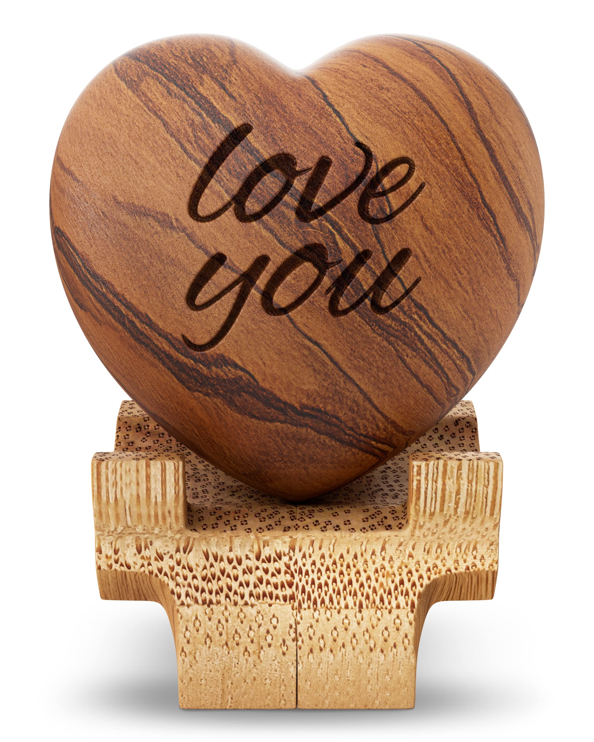 Carved Wooden Heart Shape Gifts - Love You - Engraved Olive Wood with Bamboo Stand - 5 Year Wooden for Her or Him - Christmas, Valentine's Day, Mother's Day, Father's Day, Birthday