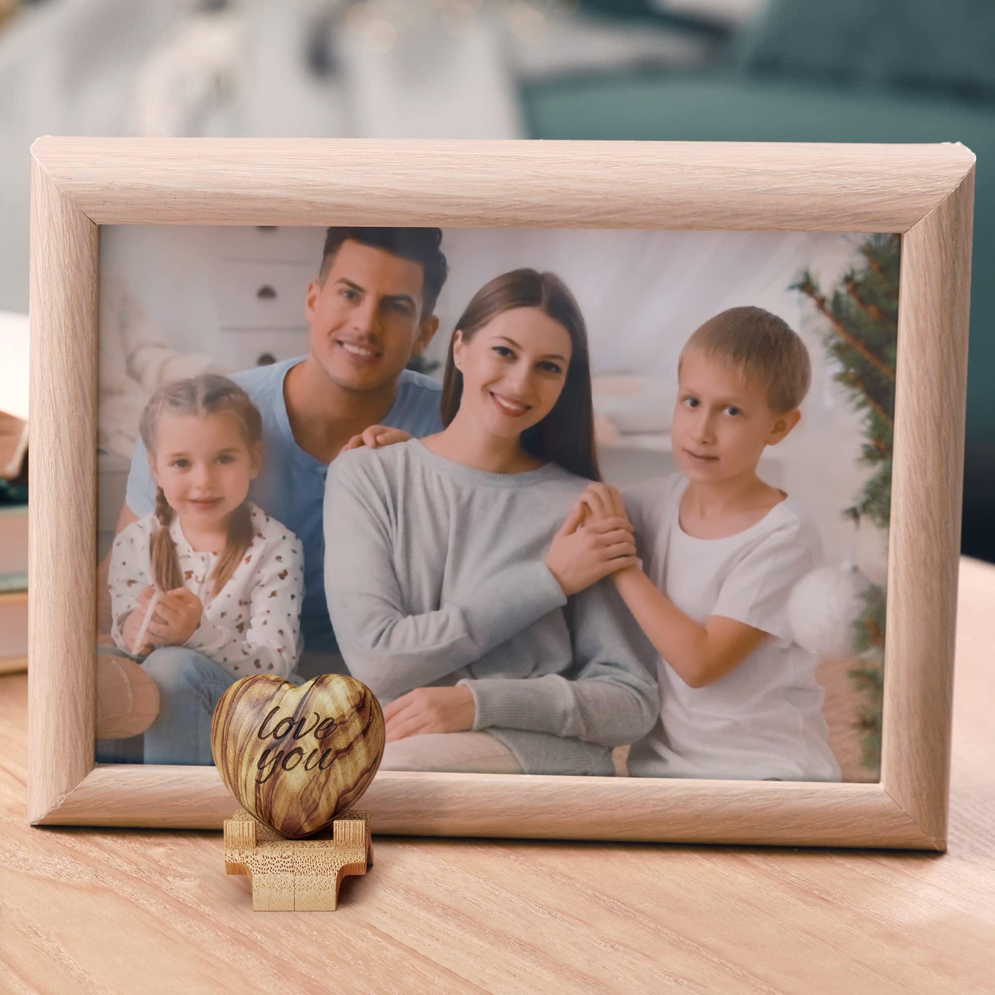 Carved Wooden Heart Shape Gifts - Love You - Engraved Olive Wood with Bamboo Stand - 5 Year Wooden for Her or Him - Christmas, Valentine's Day, Mother's Day, Father's Day, Birthday