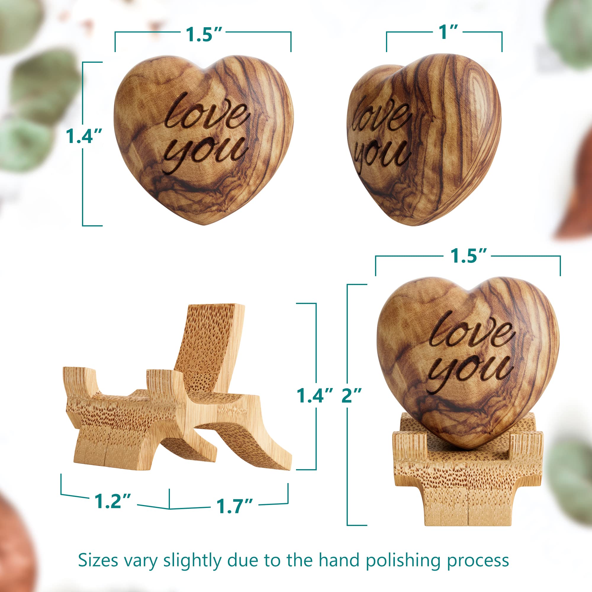 Carved Wooden Heart Shape Gifts - Love You - Engraved Olive Wood with Bamboo Stand - 5 Year Wooden for Her or Him - Christmas, Valentine's Day, Mother's Day, Father's Day, Birthday