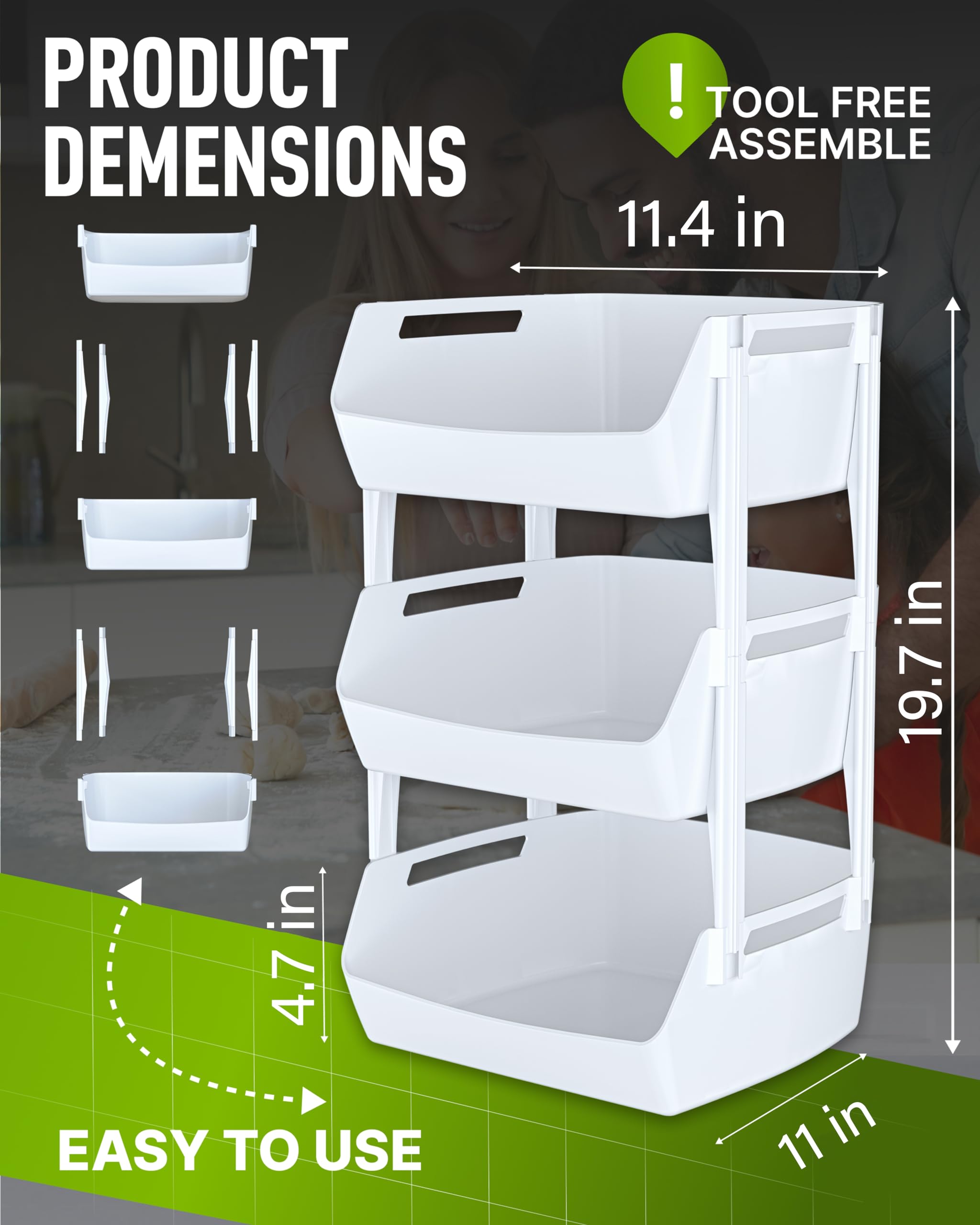 Skywin 3-Tier Plastic Stackable Storage Bins 11.4" x 11" x 19.7" with Brackets for Extra Protection - For Pantry Storage, Kitchen Storage, and Bathroom Storage (White)