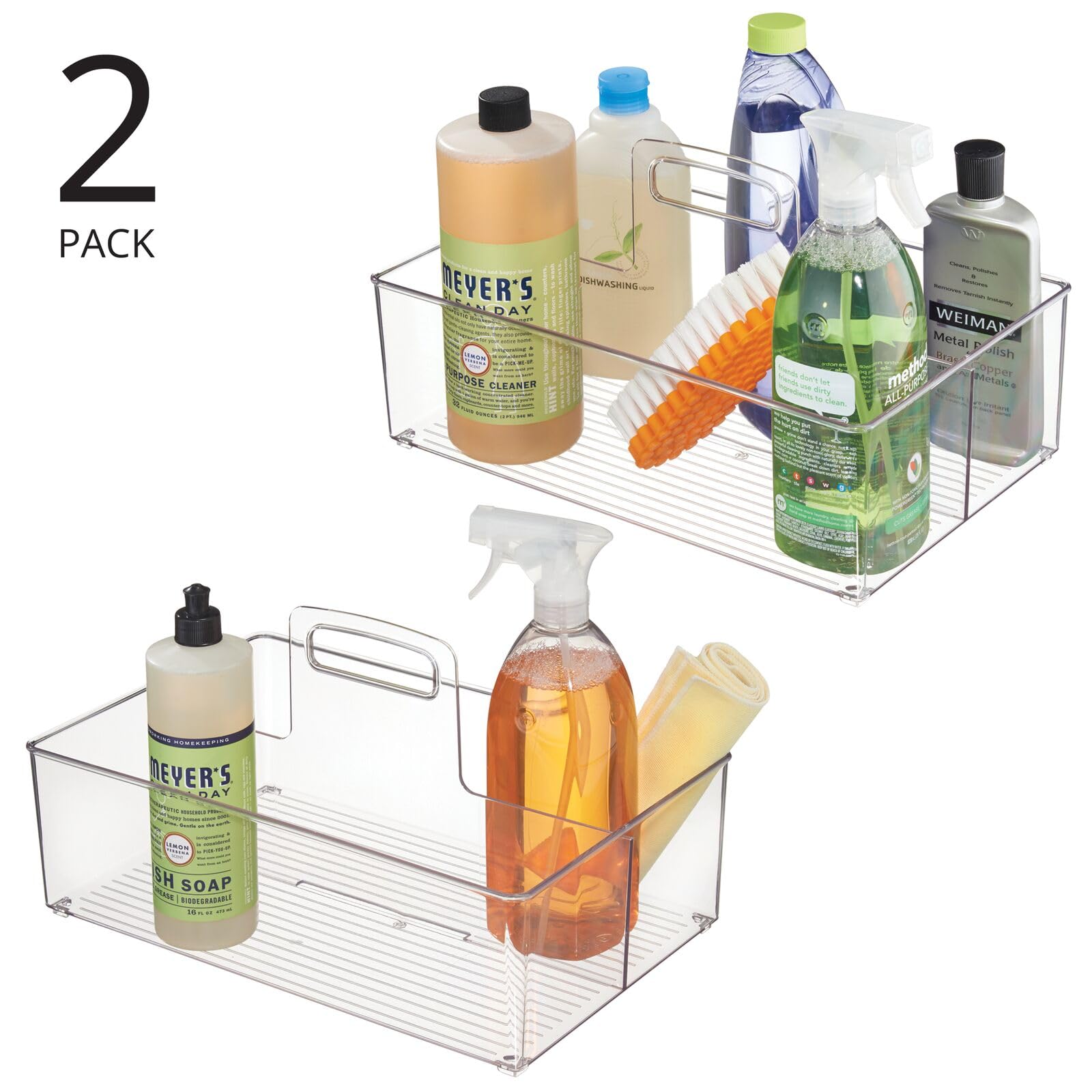 mDesign Large Plastic Divided Portable Storage Organizer Caddy Tote Basket Bin with Handle for Kitchen, Pantry, Countertop, Cabinet, Cupboard - Ligne Collection - 2 Pack - Clear