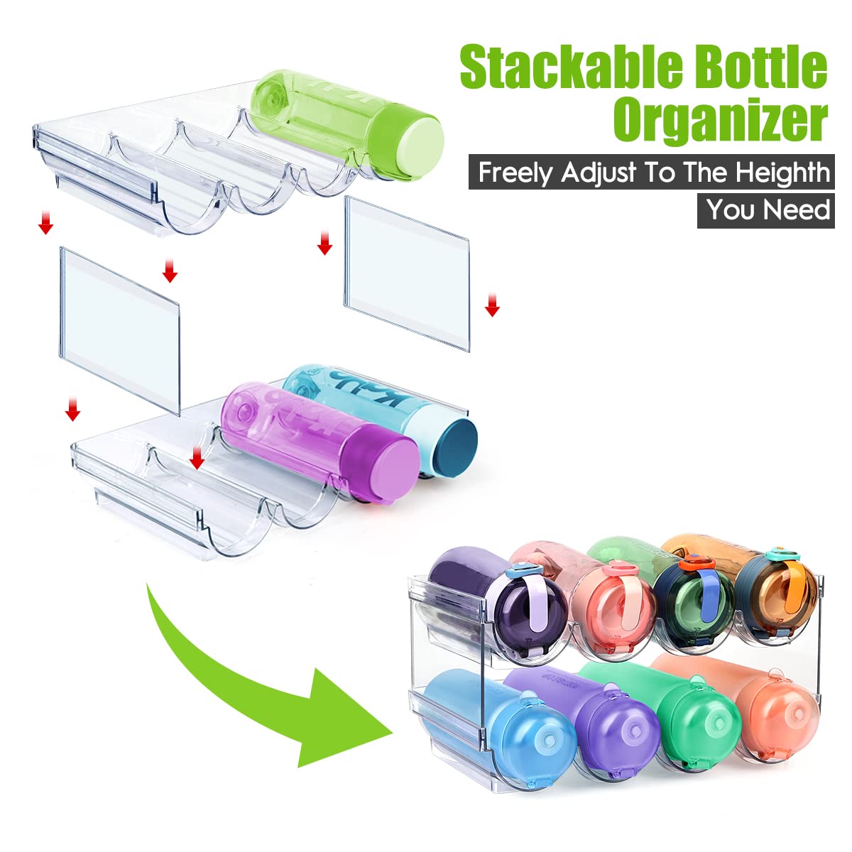 Water Bottle Organizer for Cabinet, 2 Packs 8 Bottles Stackable Clear Plastic Water Bottle Holder, Wine Racks for Kitchen Fridge Pantry Organization and Storage,Tumbler Travel Cup Holder and Organizer