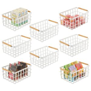 mdesign metal wire food organizer storage bin basket with bamboo handles for kitchen cabinets/pantry organizing - farmhouse decor - yami collection - 8 pack - matte white/natural