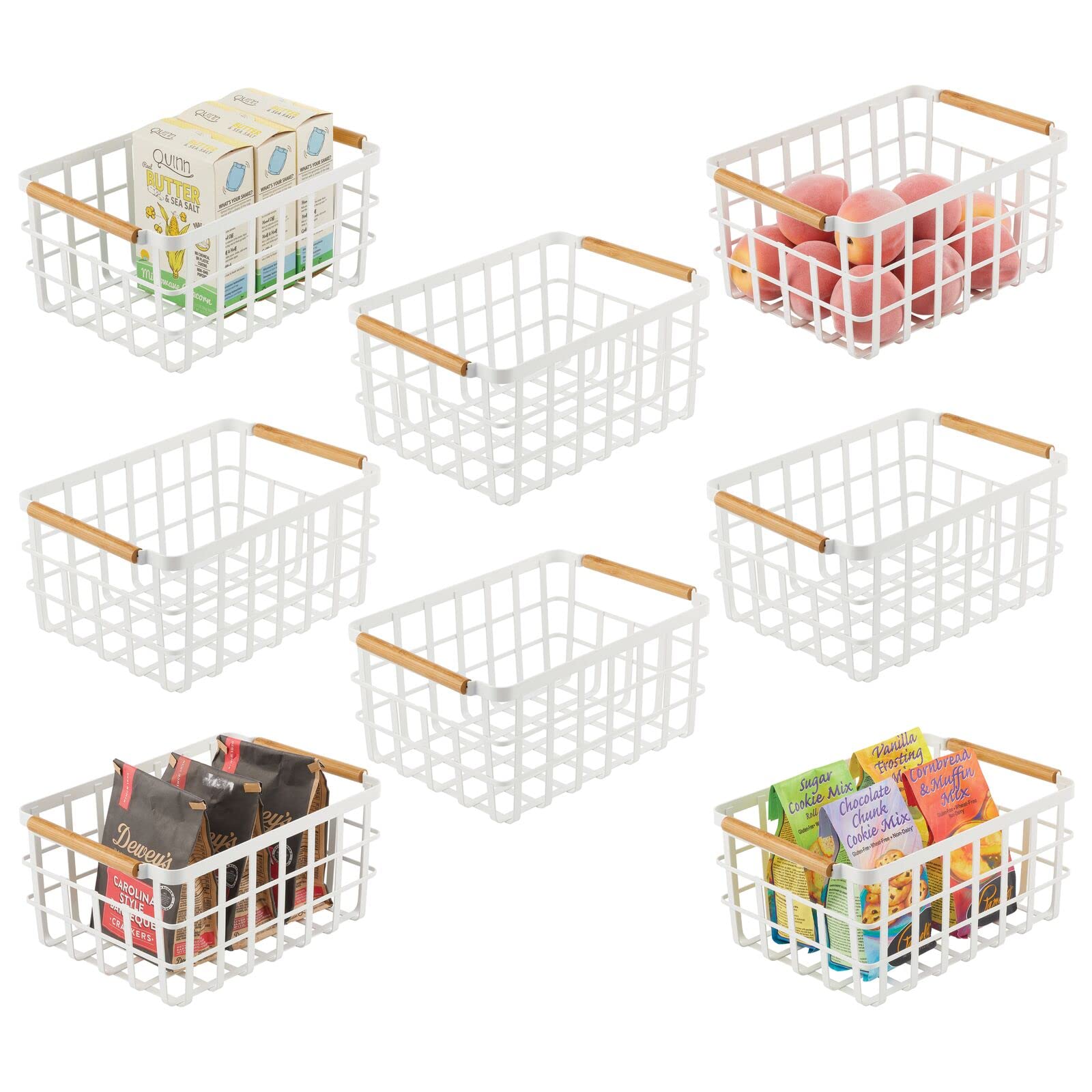 mDesign Metal Wire Food Organizer Storage Bin Basket with Bamboo Handles for Kitchen Cabinets/Pantry Organizing - Farmhouse Decor - Yami Collection - 8 Pack - Matte White/Natural