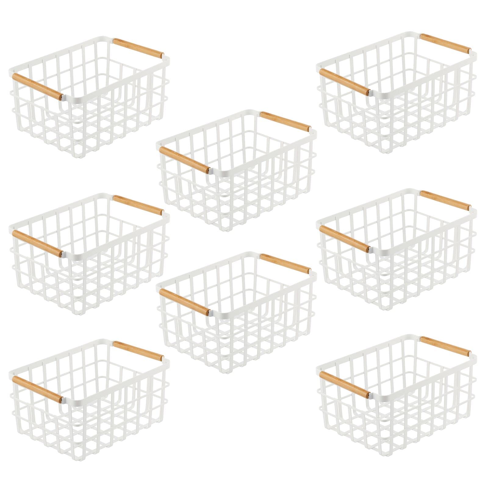 mDesign Metal Wire Food Organizer Storage Bin Basket with Bamboo Handles for Kitchen Cabinets/Pantry Organizing - Farmhouse Decor - Yami Collection - 8 Pack - Matte White/Natural