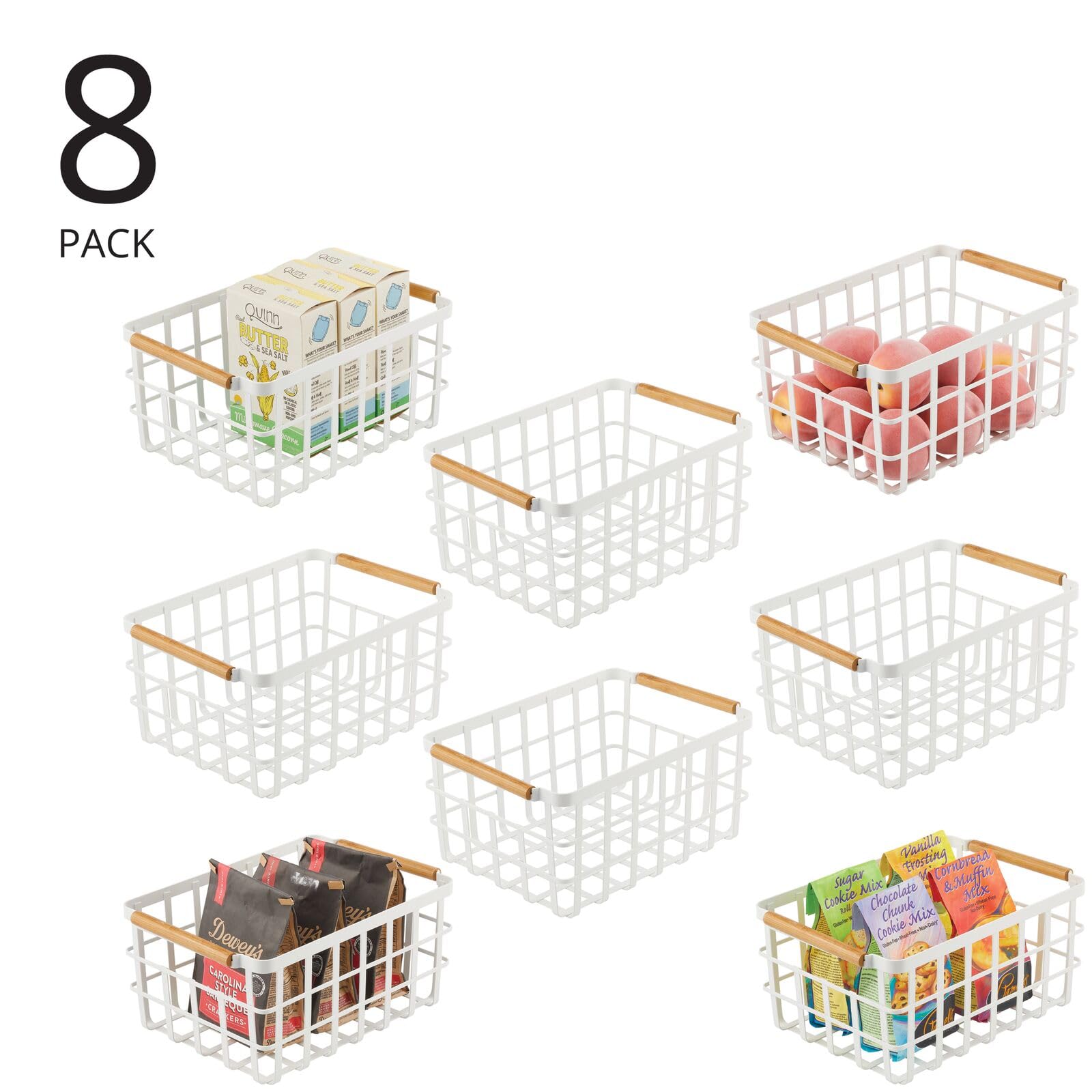 mDesign Metal Wire Food Organizer Storage Bin Basket with Bamboo Handles for Kitchen Cabinets/Pantry Organizing - Farmhouse Decor - Yami Collection - 8 Pack - Matte White/Natural