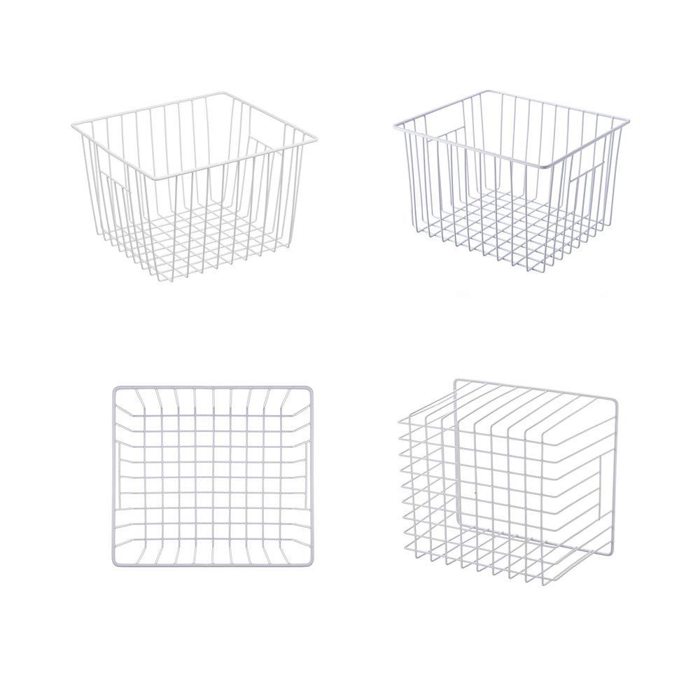 Freezer Organizer Baskets, Refrigerator Deep Metal Wire Food Storage Divider, Household Container Bins with Handles for Kitchen Cabinet, Pantry, Closet, Car, Bathroom, Office - Pearl White (3)