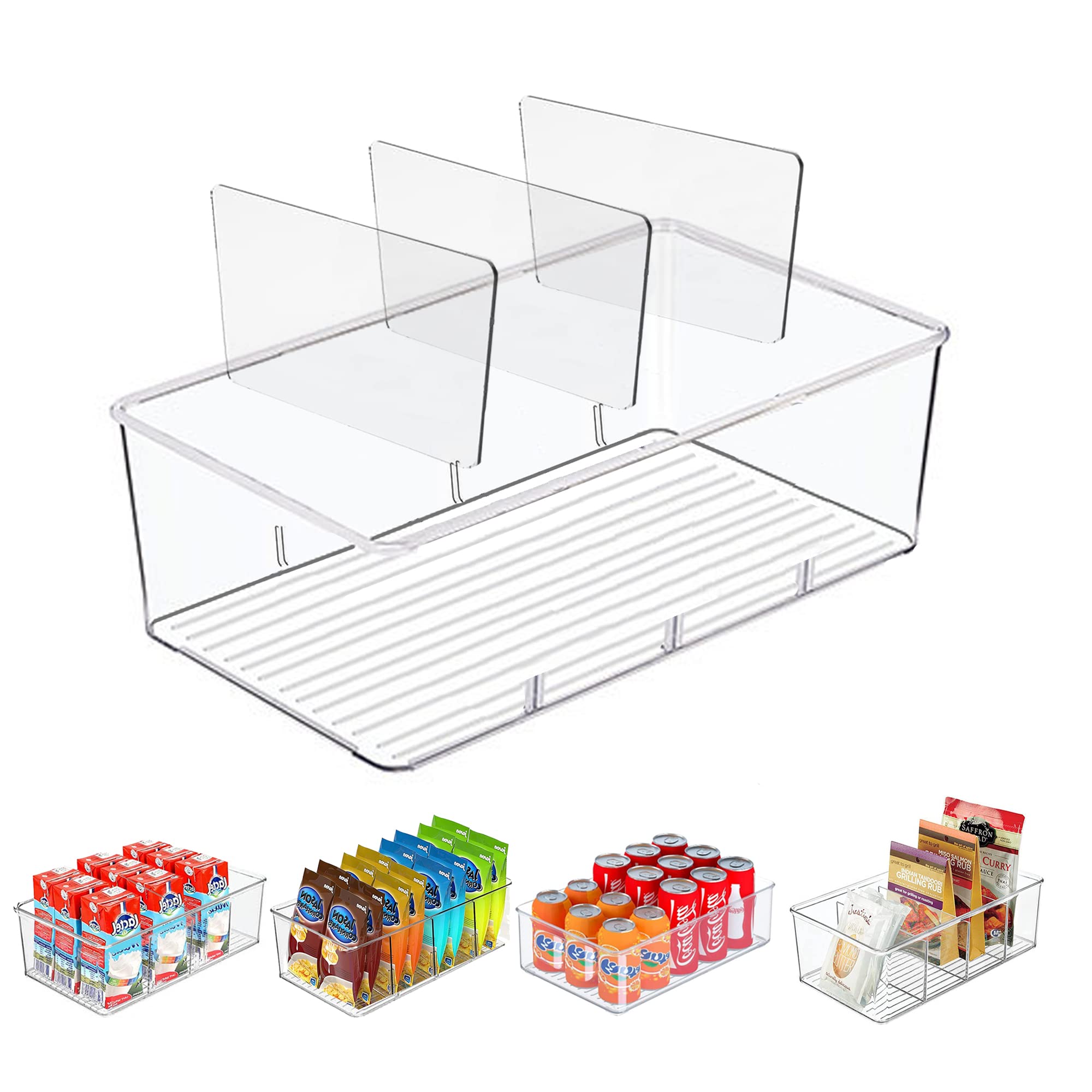 bealy 5 Pack Pantry Organizer and Storage Bins with Removable Dividers, Snack Organizer for Pantry, Chip,Clear Acrylic Food Organizer Bins for Kitchen, Fridge, Cabinet,Packets, Pouches