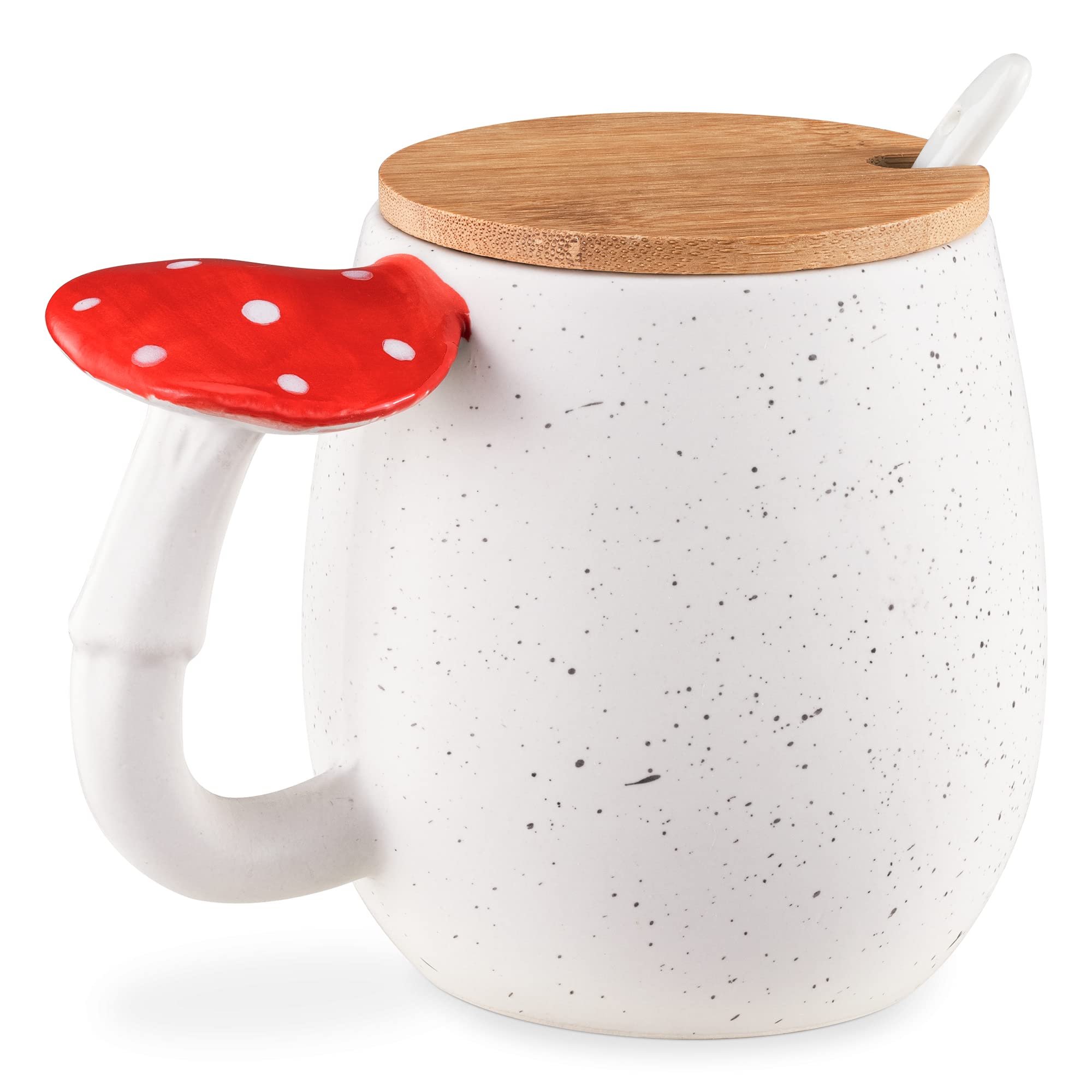 Navaris Mushroom Mug with Lid and Spoon - Ceramic Cup for Coffee, Tea, Hot or Cold Drinks - 12 oz Novelty Drink Holder Set Cute Bamboo Lidded Design