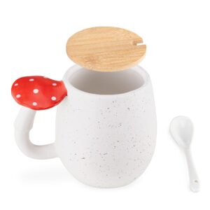 Navaris Mushroom Mug with Lid and Spoon - Ceramic Cup for Coffee, Tea, Hot or Cold Drinks - 12 oz Novelty Drink Holder Set Cute Bamboo Lidded Design